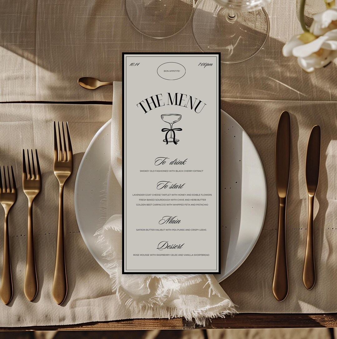 Coquette Martini Menu & Name Card Template: Elegant Black and White ...