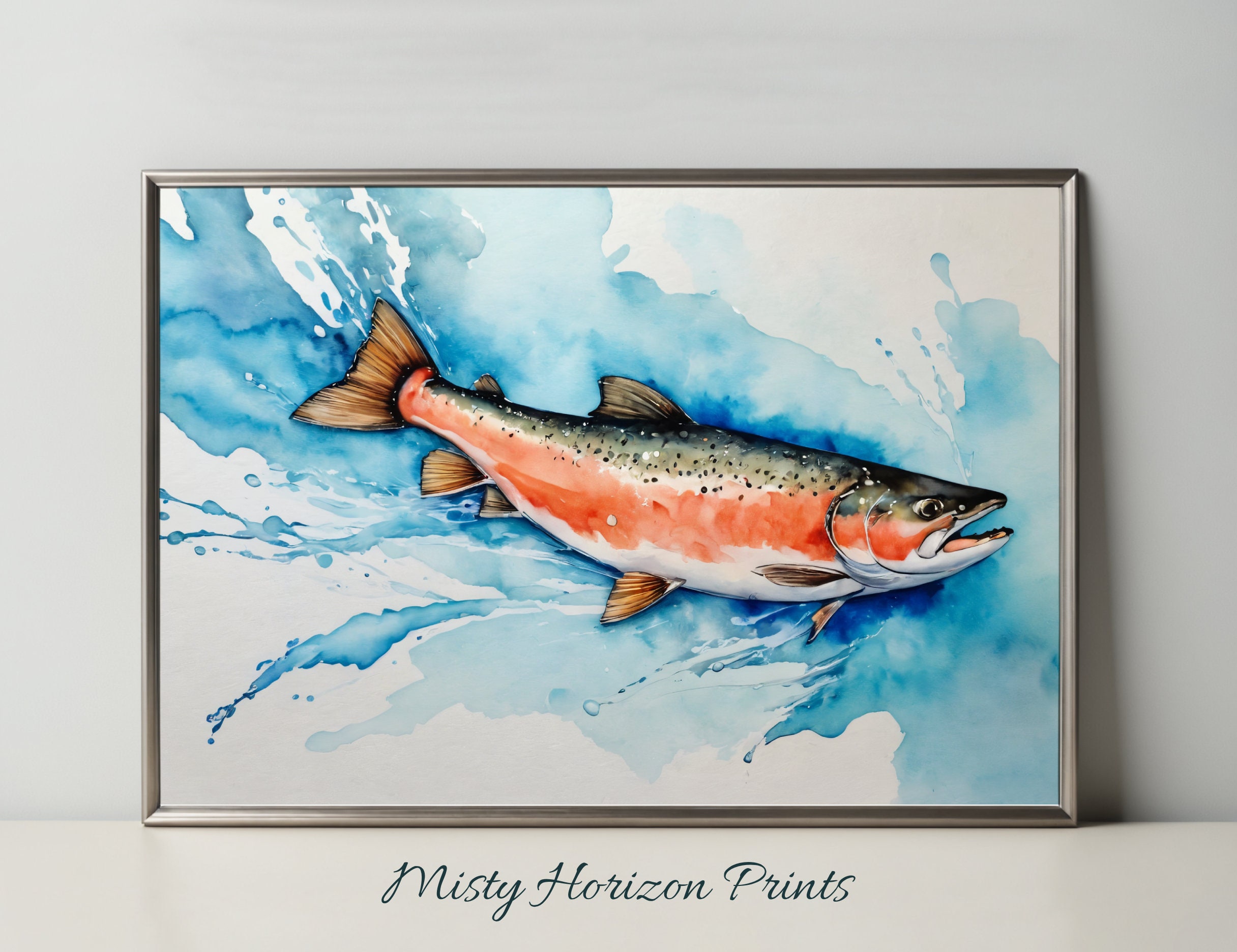 Salmon Splash. Watercolor Painting. Printable Pacific Northwest Lodge ...