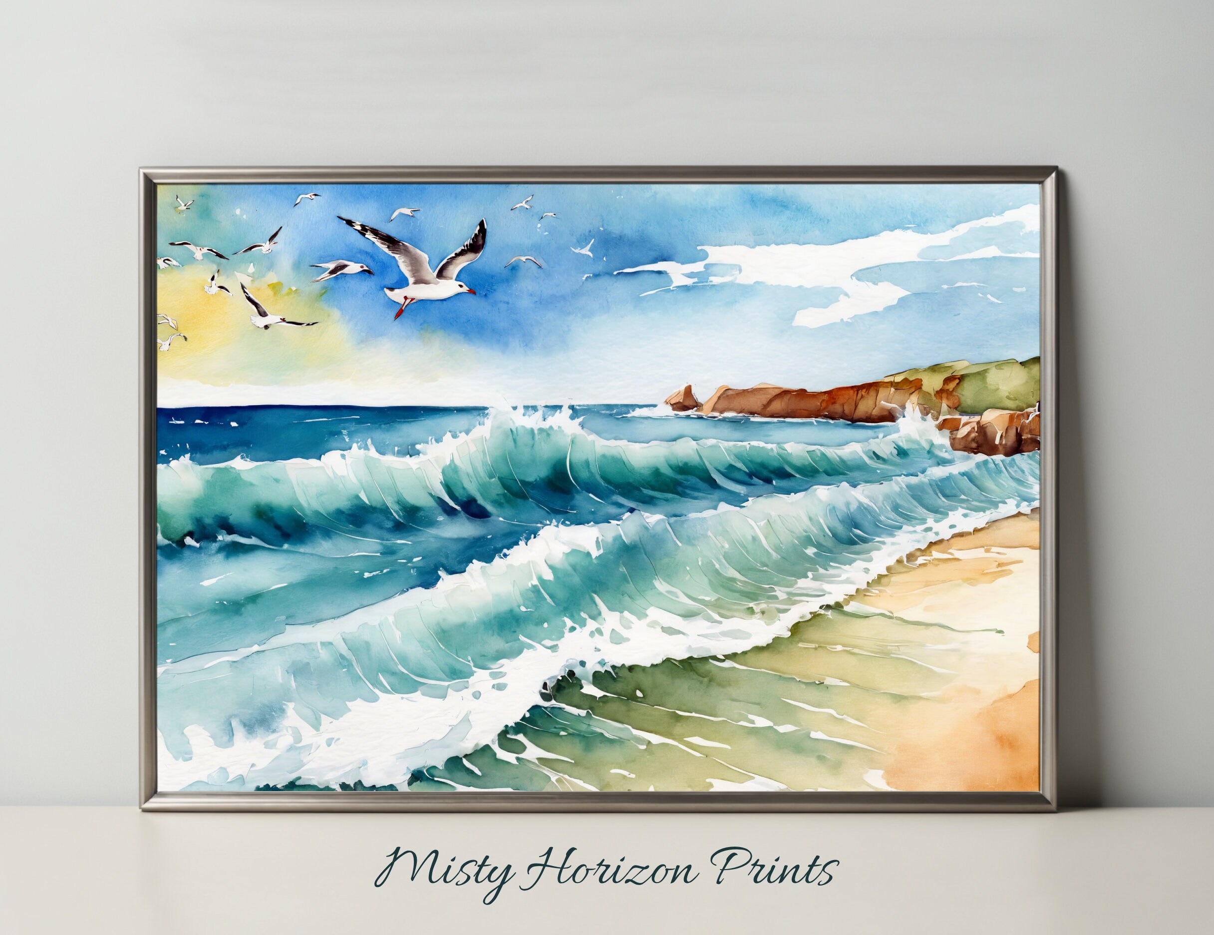 Tranquil Beach & Seagulls Watercolor Painting Printable Digital ...