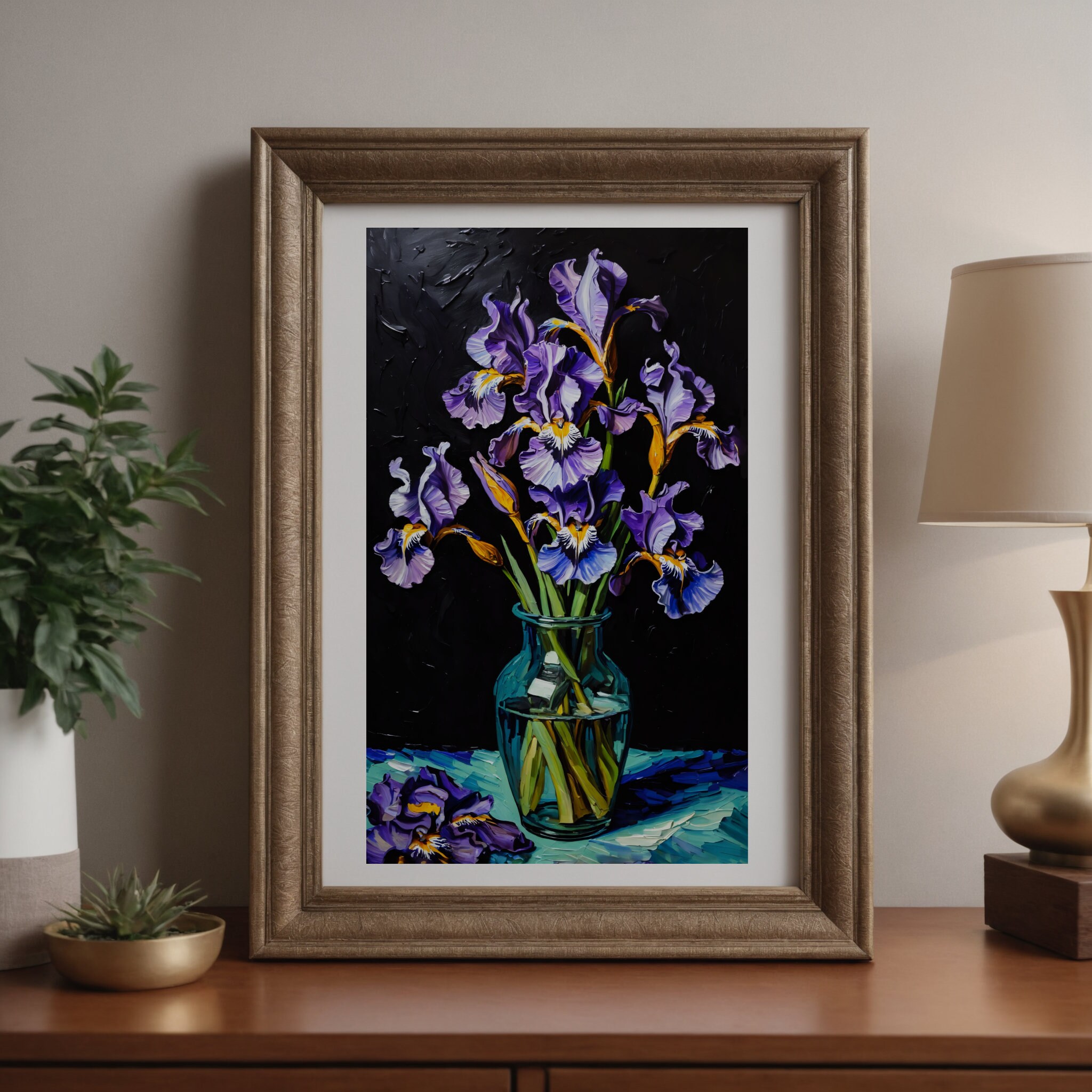Moody Iris Blooms. Van Gogh Style Oil Painting. Printable Digital ...