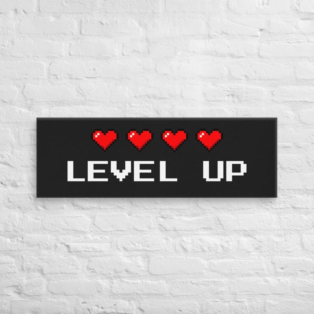 Gamer Wall Art – Pixel "level Up" Canvas With Hearts | Retro Gaming ...