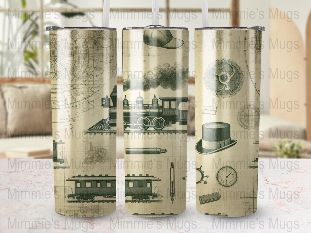 Vintage Train Blueprint Tumbler Wraps, Steampunk Skinny Tumbler PNG, 20 ...