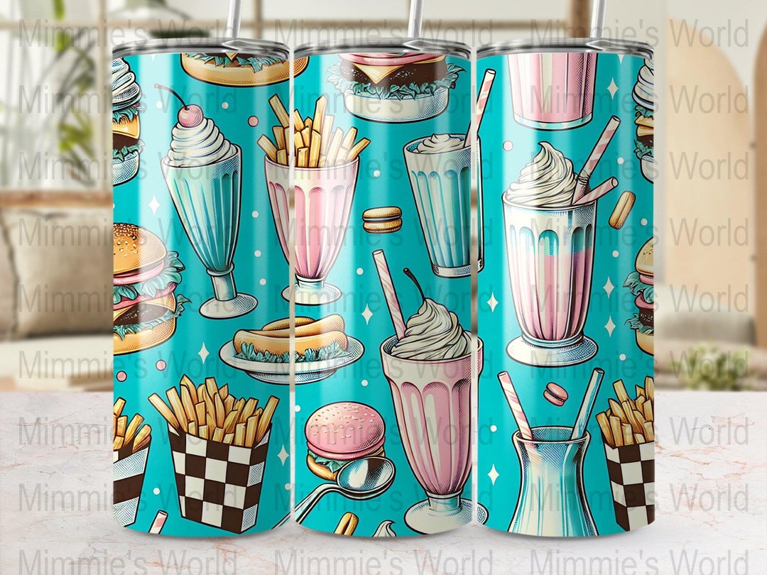 Retro Diner Themed 20 Oz Skinny Tumbler Wraps, Cute Milkshake Burger ...