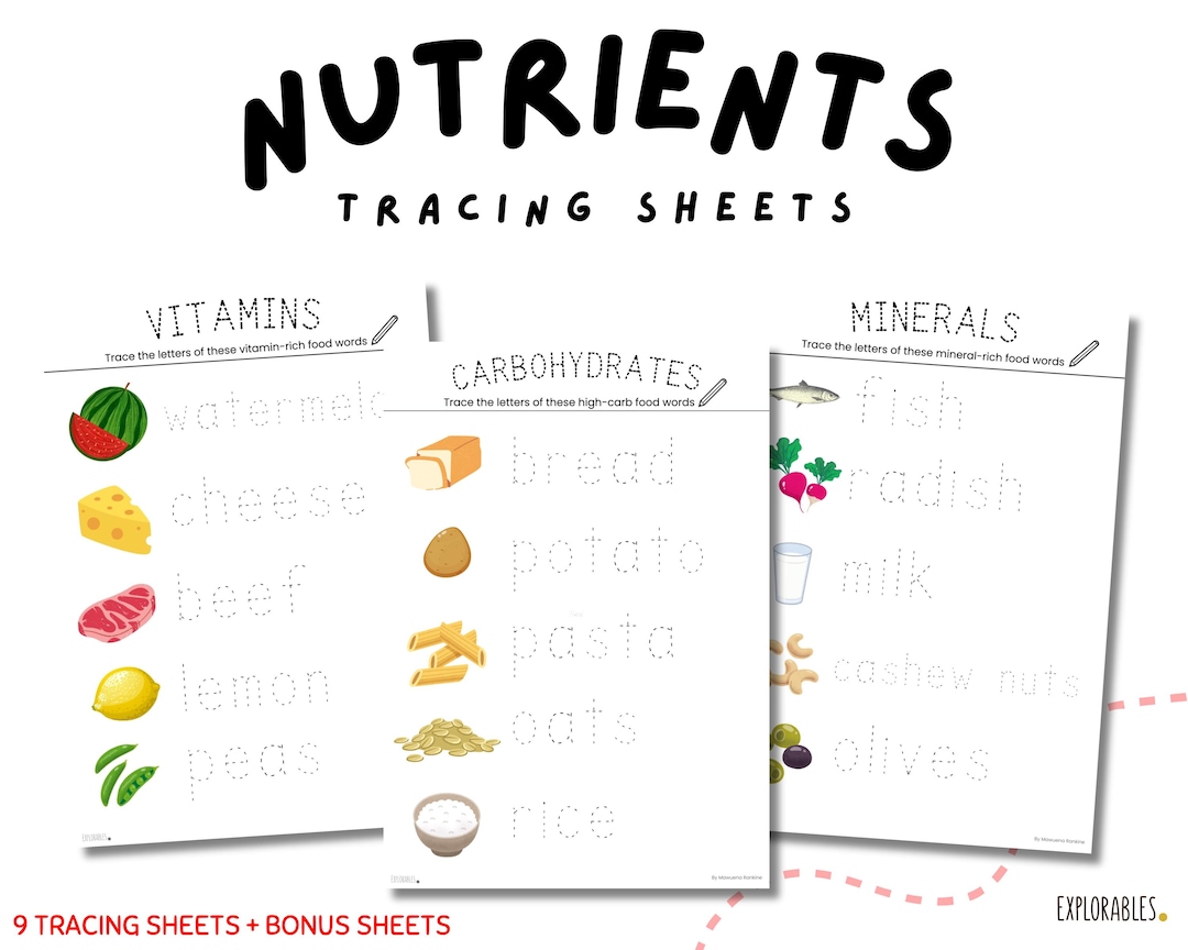 Nutrients Tracing Sheets Activity Food Worksheets Fun Children Primary ...