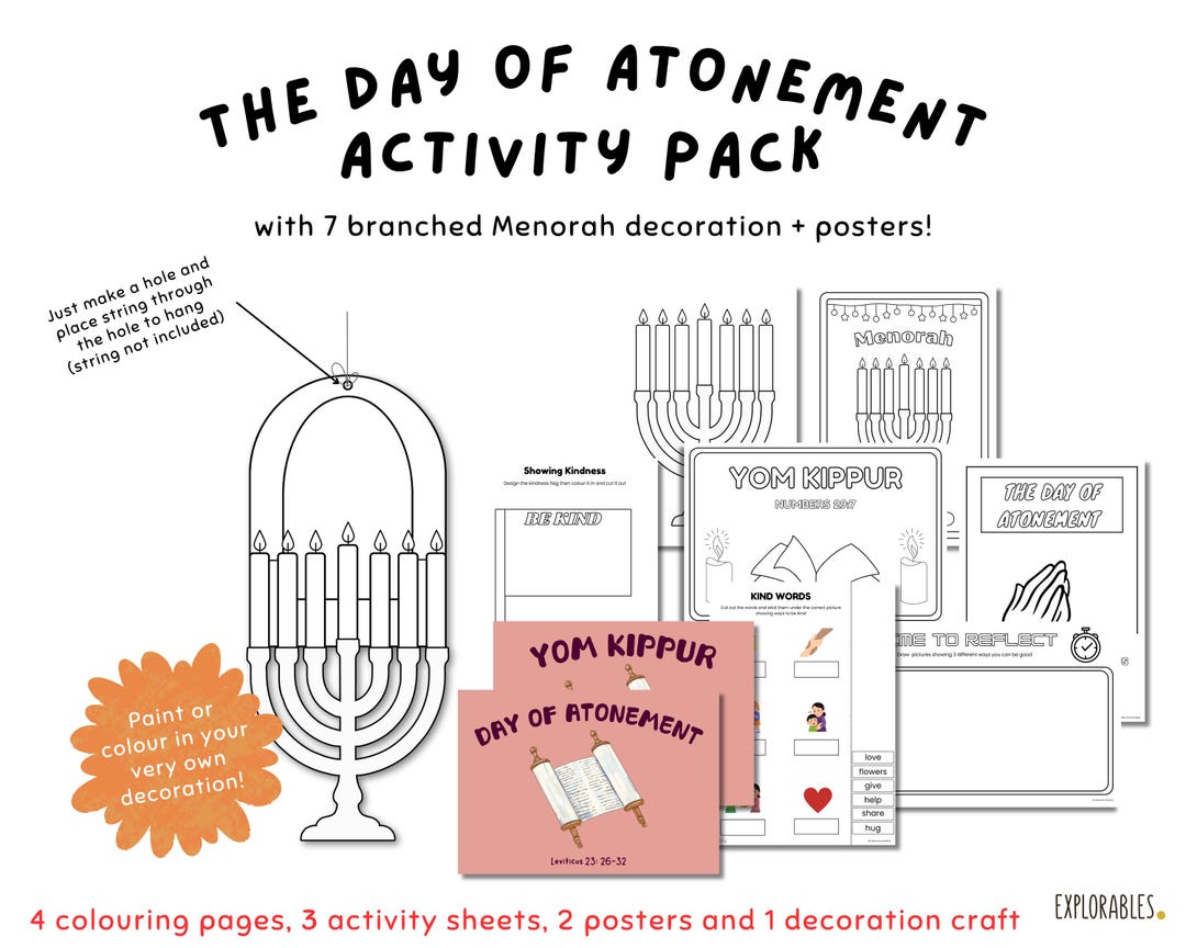 The Day of Atonement Activity Pack With Menorah Decoration Yom Kippur ...