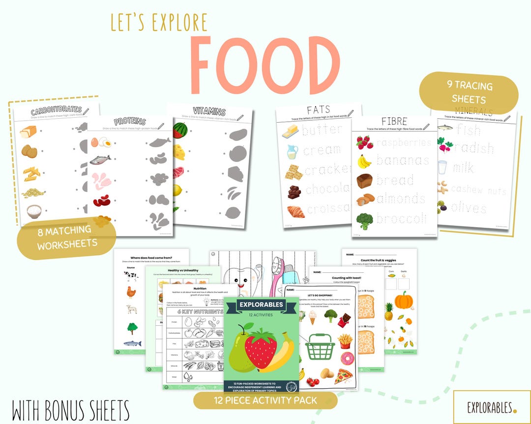 Explore Food Worksheets Nutrients Matching Tracing Fun Children ...