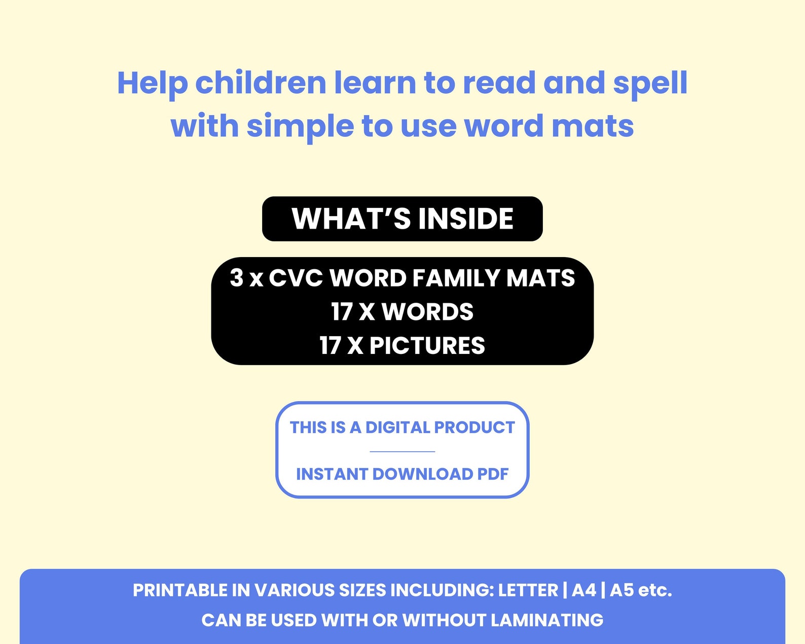 CVC Word Family Mats Learning to Read Spelling Children Word ...