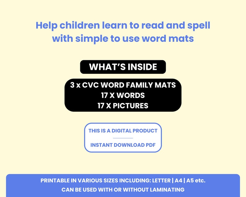 CVC Word Family Mats Learning to Read Spelling Children Word ...