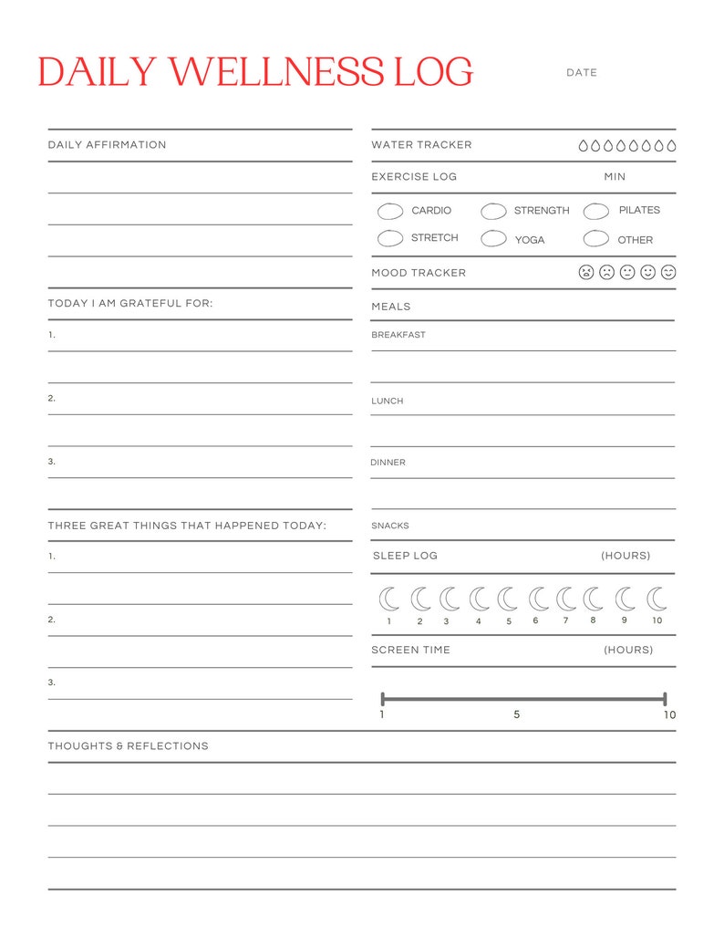 Daily Wellness Log Printable | Self-care Printable | Wellness Planner ...