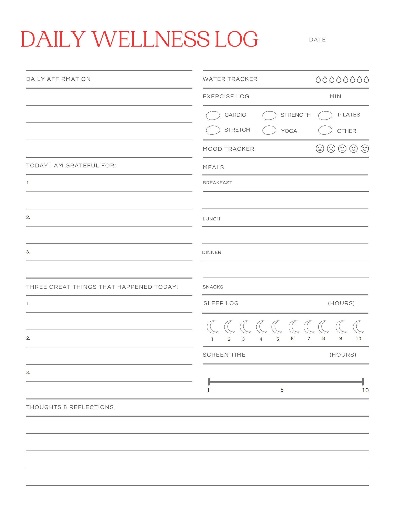 Daily Wellness Log Printable | Self-care Printable | Wellness Planner ...