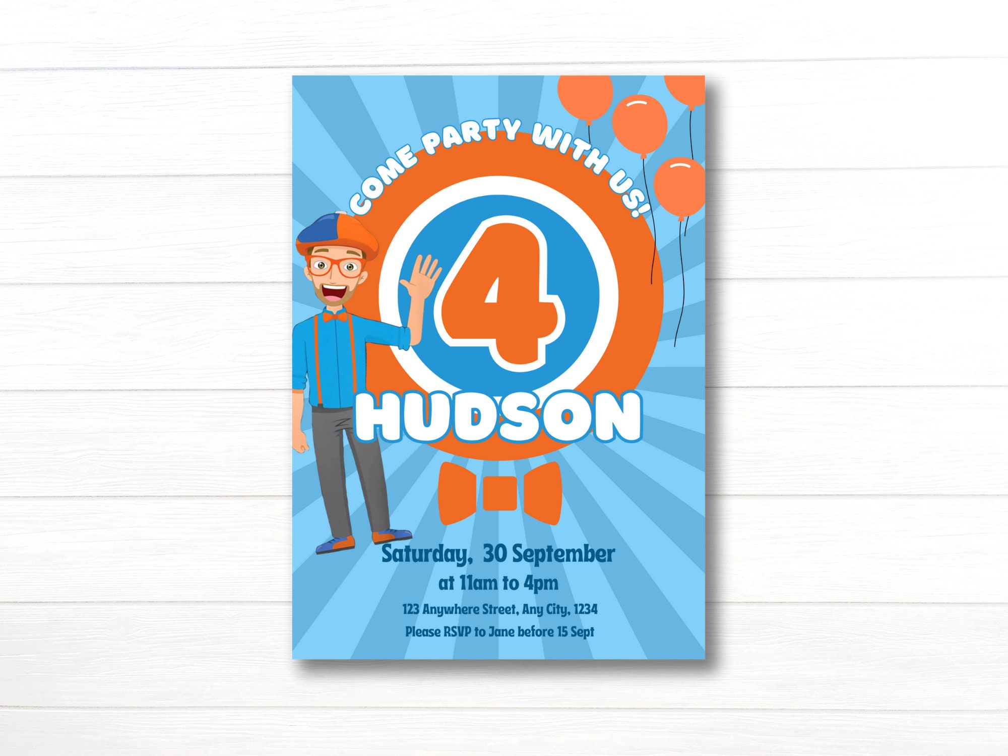 Blue Blippi Printable Invitation Template Orange and Blue Canva Digital ...