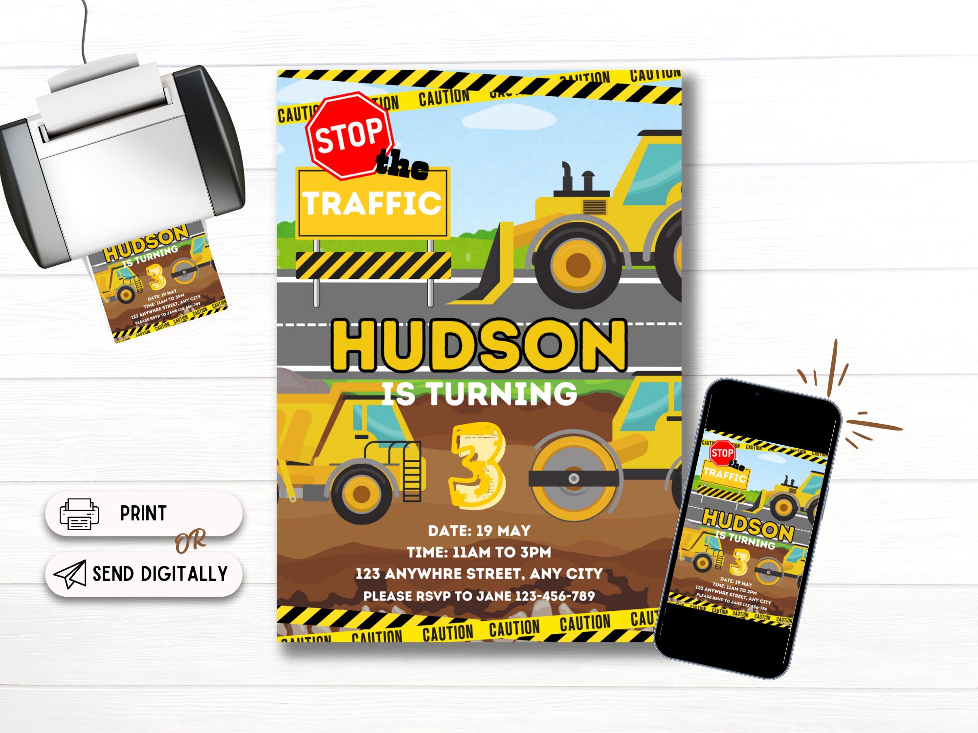 Construction Birthday Party Printable Invitation Template Excavator