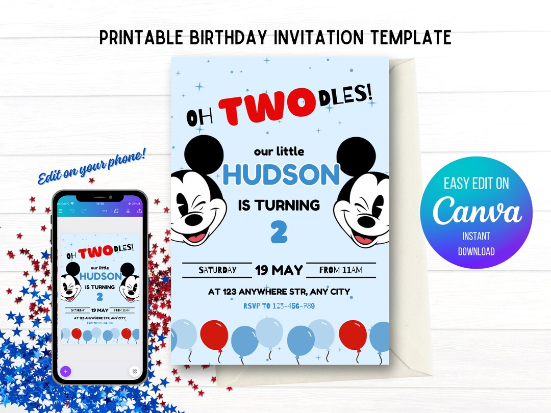 Mickey Mouse Printable Invitation Template 2nd Second Birthday Canva ...