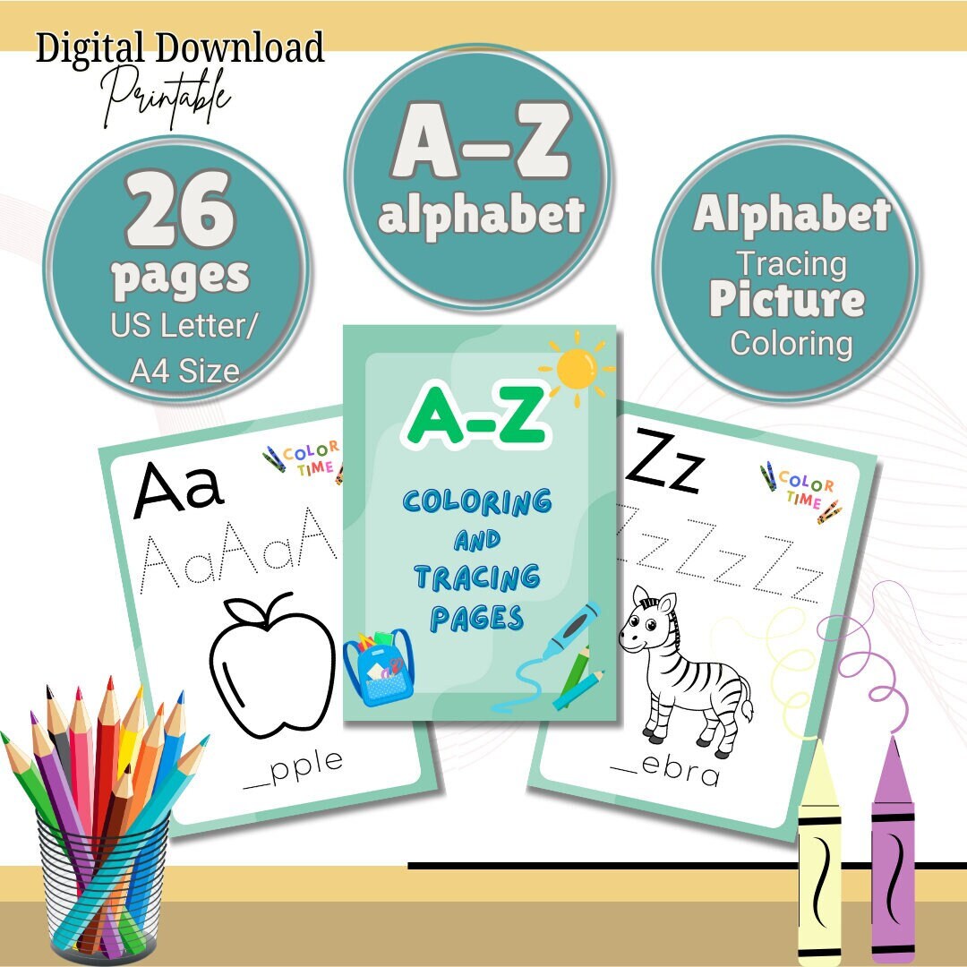 Kid's A-Z Activity Pages for Coloring and Tracing, Digital Download ...