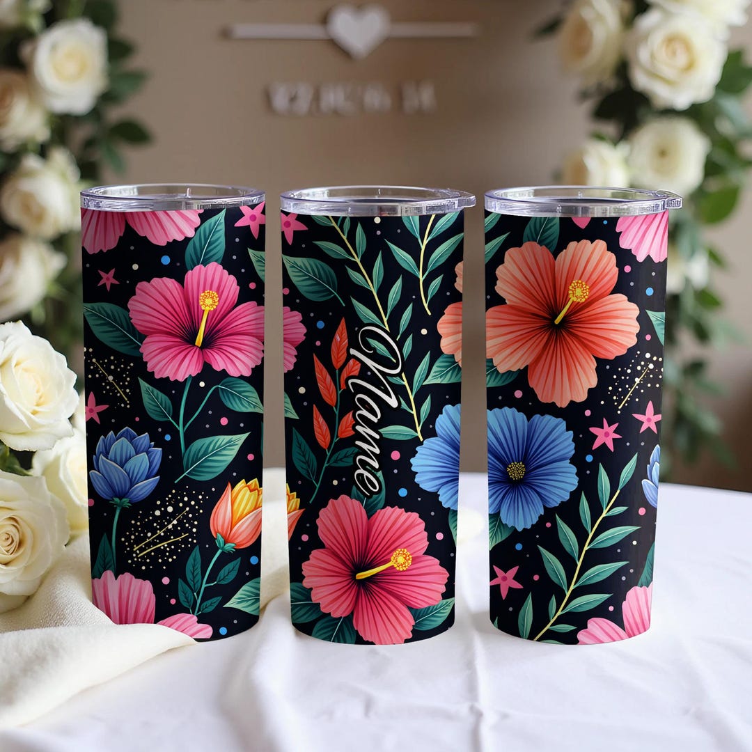 Floral Tumbler Hibiscus Flower Pattern Tumbler Colorful Flower Tumbler ...
