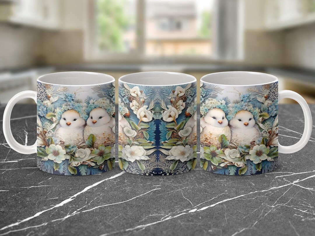 Adorable Fluffy White Birds Mug, Cute Bird Coffee Mug, Whimsical Bird ...
