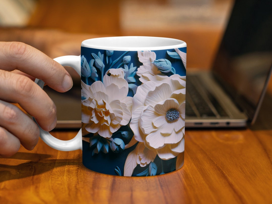 Floral Art Mug, Elegant Blue and White Flower Coffee Cup, Perfect Gift ...