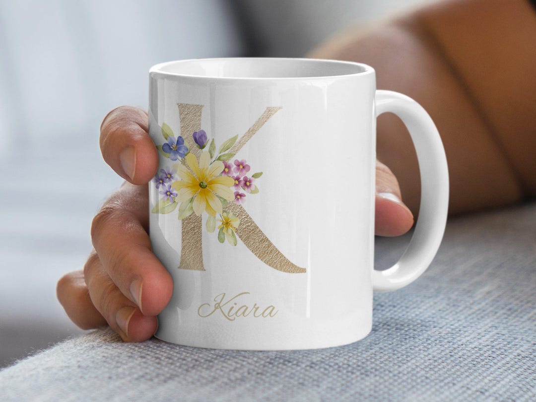 Floral Initial Letter K Mug, Personalized Gift Mug, Custom Coffee Cup ...
