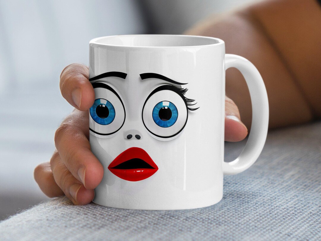Funny Face Mug, Blue Eyes Red Lips Mug, Unique Coffee Mug, Expression ...