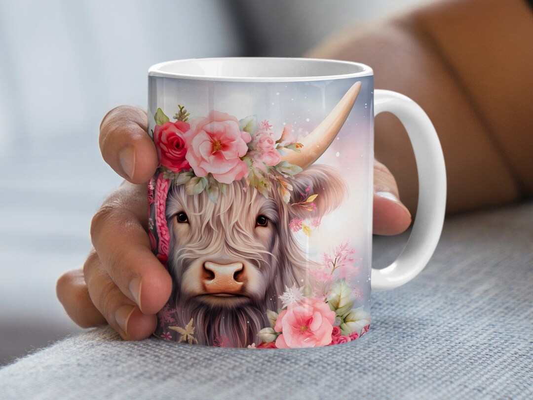 Highland Cow Flower Crown Mug, Cute Animal Design Coffee Cup, Boho Chic ...