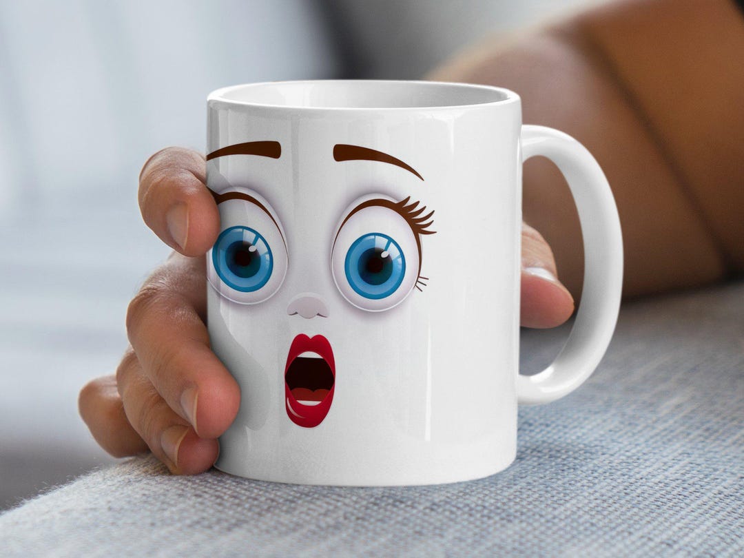 Fun Emoji Mug With Surprised Face Expression, Blue Eyes Red Lips Coffee ...