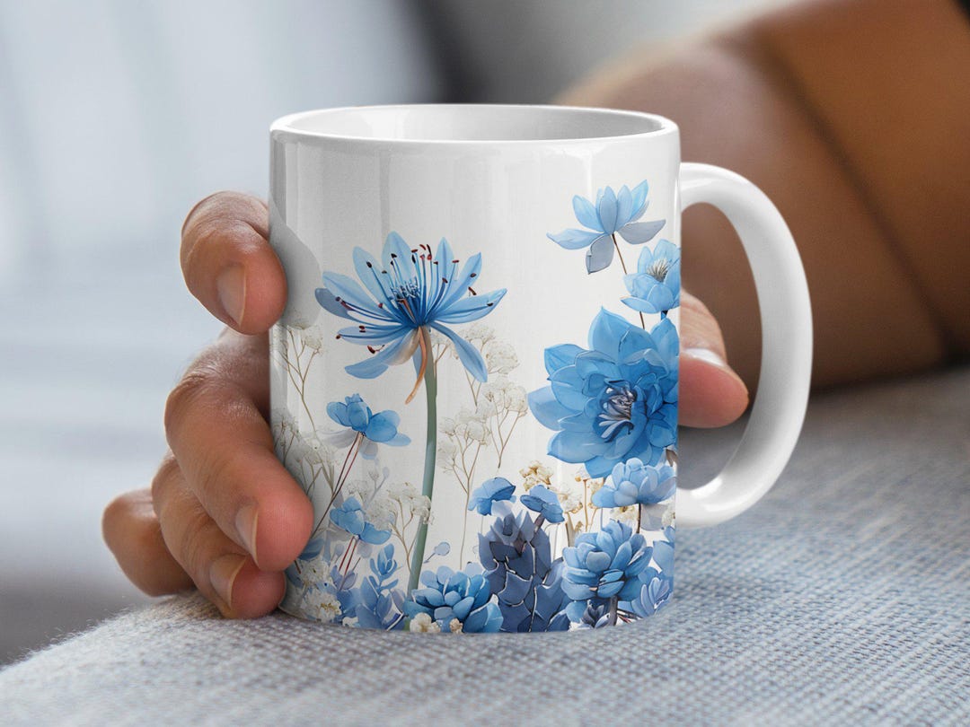 Blue Floral Coffee Mug, Blue Flowers Mug, Garden Bloom Mug, Botanical ...