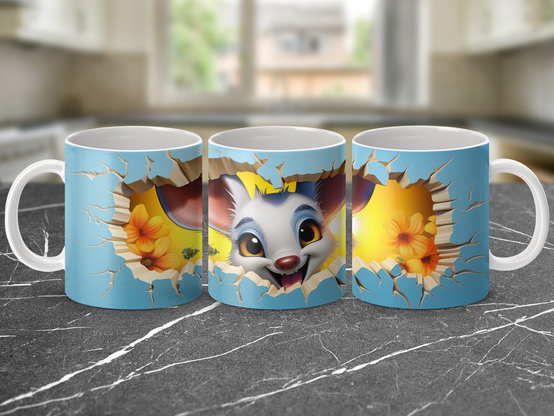 Cute Cartoon Mouse Bursting Through Wall Coffee Mug, Fun Animal Design ...