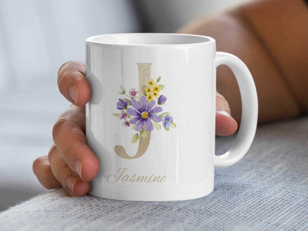 Initial Letter J Mug With Floral Design, Personalized Mug With Letter J ...