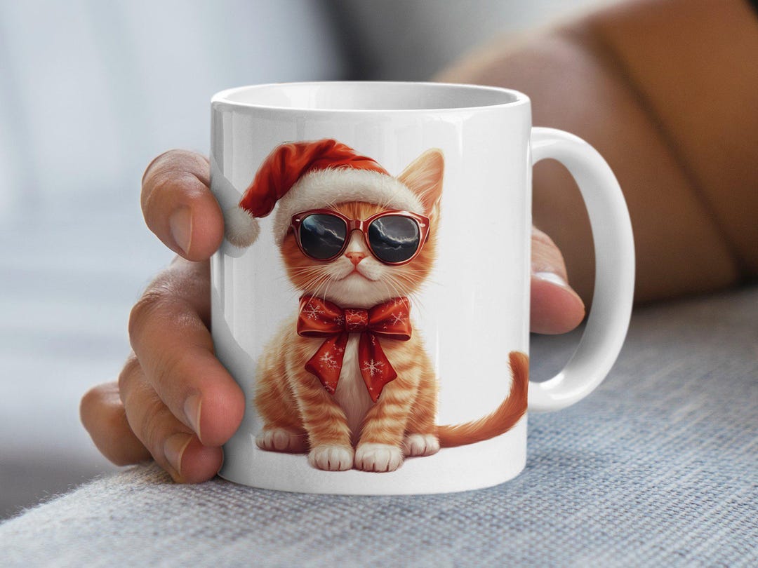 Cute Christmas Cat Mug, Santa Hat Cat Mug, Cat Lover's Holiday Mug ...