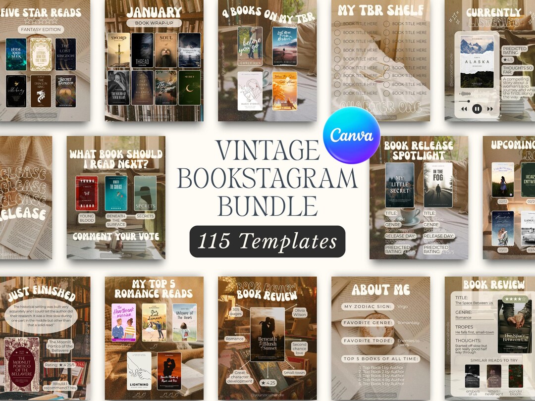 Vintage Reading Journal Bookstagram Template Bundle | Retro Editorial ...