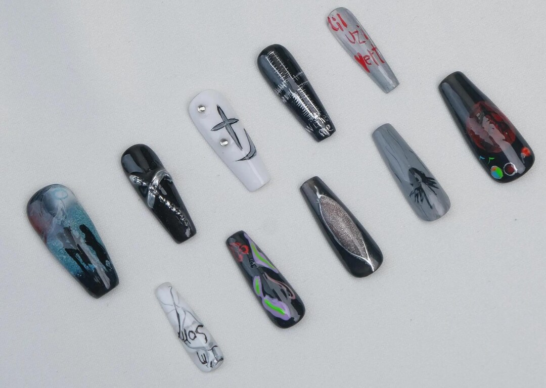 Custom Long Coffin Handmade Press on Nails of Post-apocalyptic Tech ...