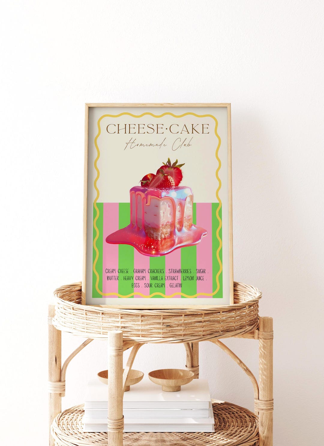 Strawberry Cheesecake Recipe Poster | Digital Kitchen Wall Art | Retro ...