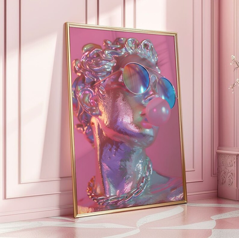 Digital | Statue Blowing Bubble Gum Wall Art | Funny Wall Art | Pink ...