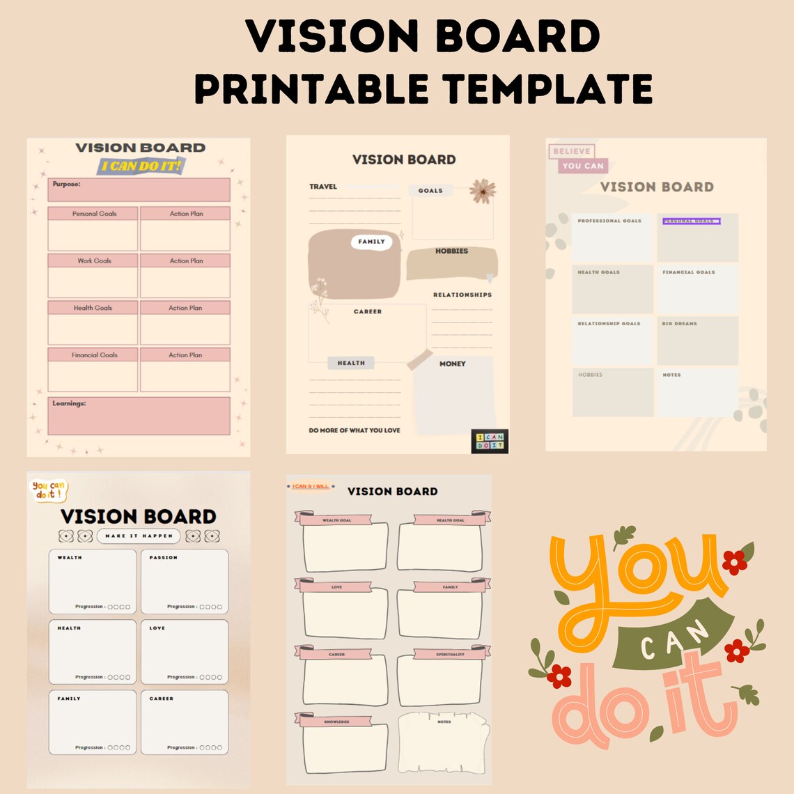 Vision Board Printable Template Worksheet for Manifesting Your Best ...