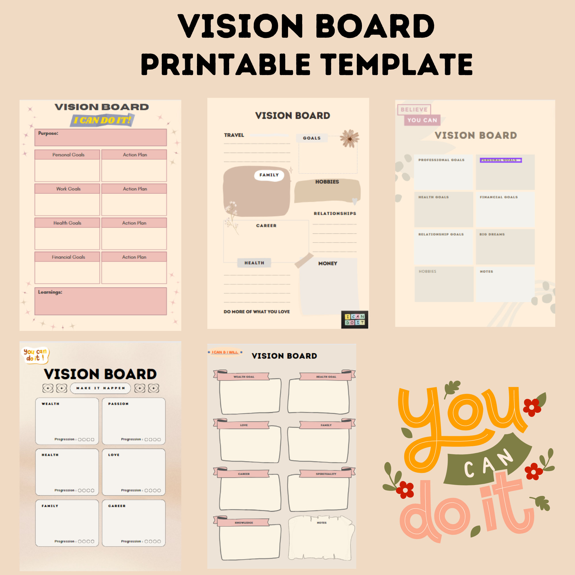 Vision Board Printable Template Worksheet for Manifesting Your Best ...
