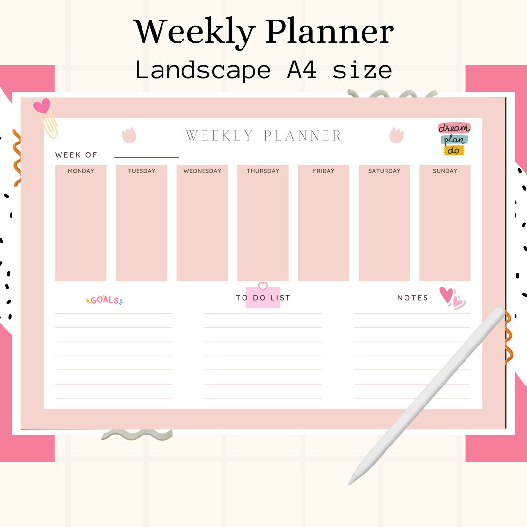 Weekly Planner Printable Landscape, Minimalist Weekly Schedule, Week at ...