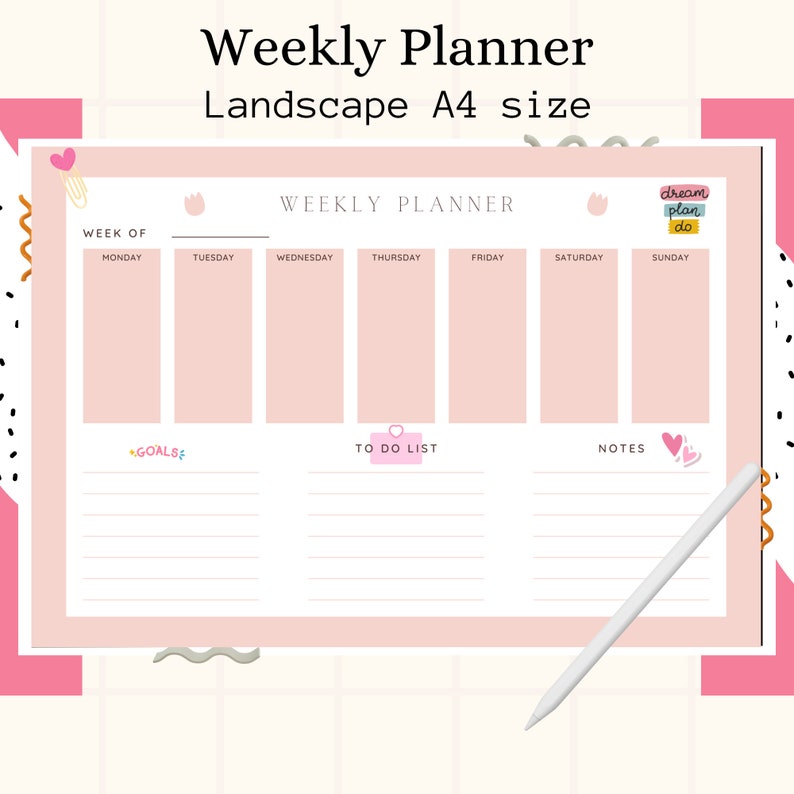 Weekly Planner Printable Landscape, Minimalist Weekly Schedule, Week at ...