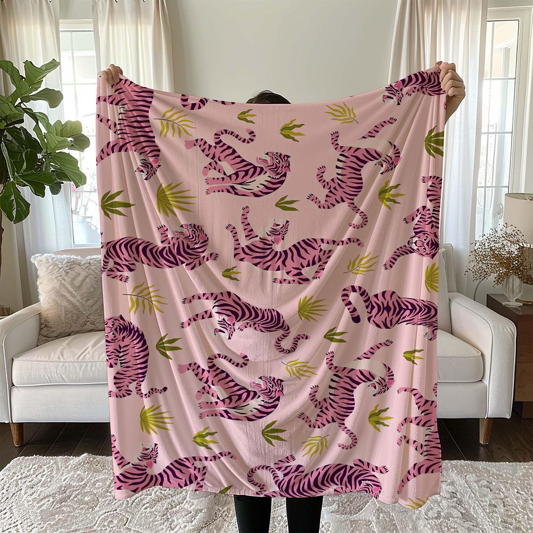Pink Tigers Blanket, Tropical Leaves Blanket, Seamles Blanket, Pink ...