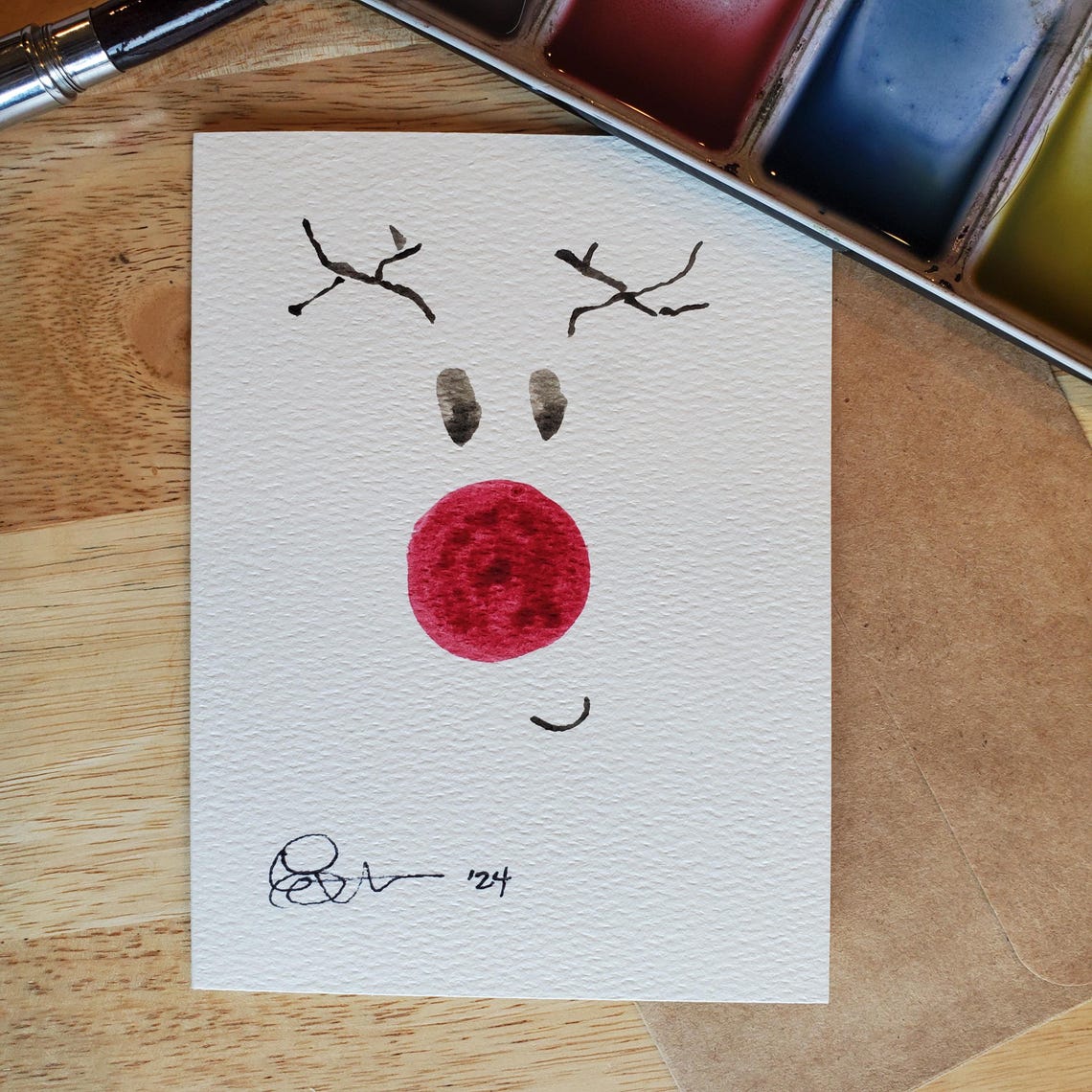 Rudolph Reindeer Greeting Card Original Ink & Watercolor Art Red Nose ...