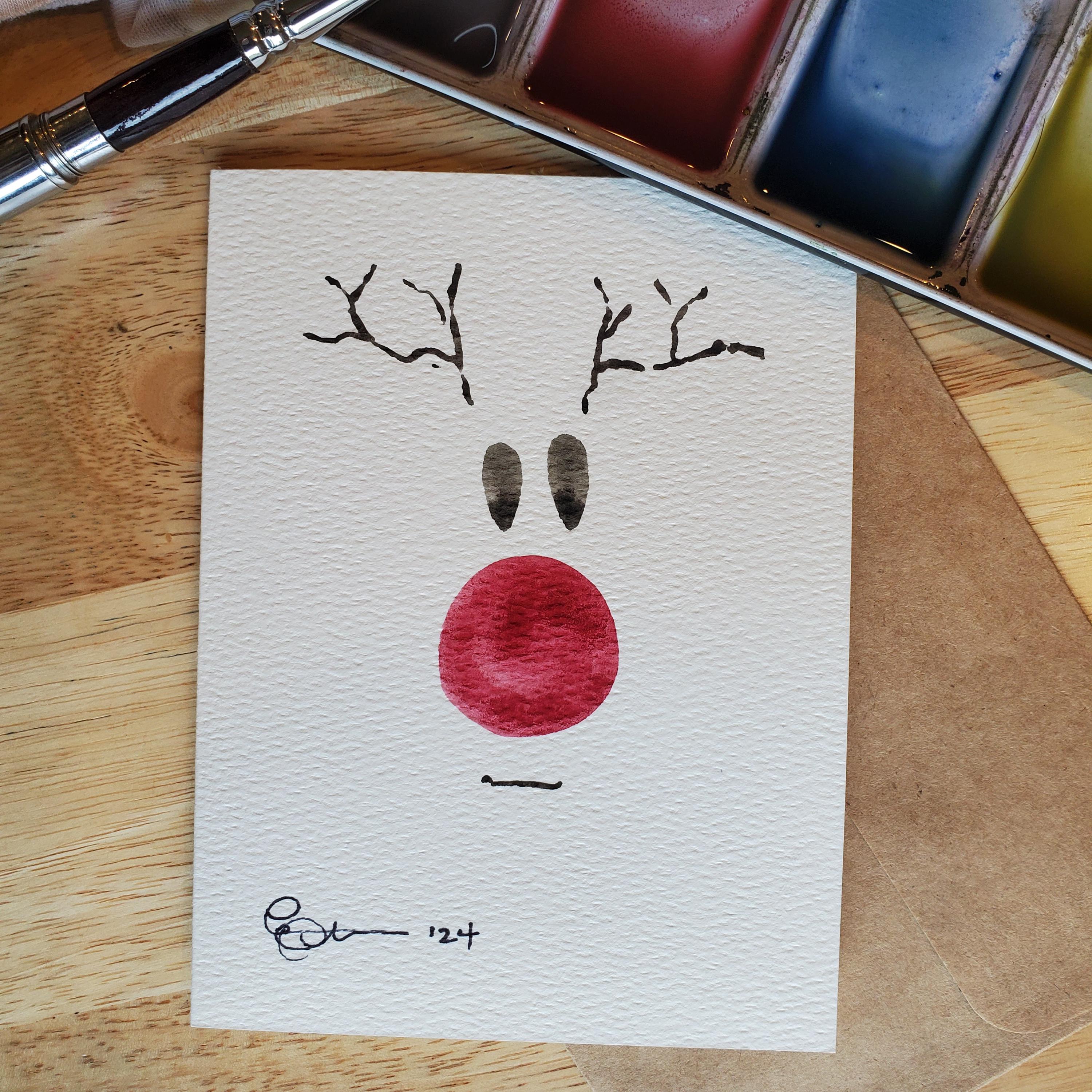 Rudolph Reindeer Greeting Card Original Ink & Watercolor Art Red Nose ...