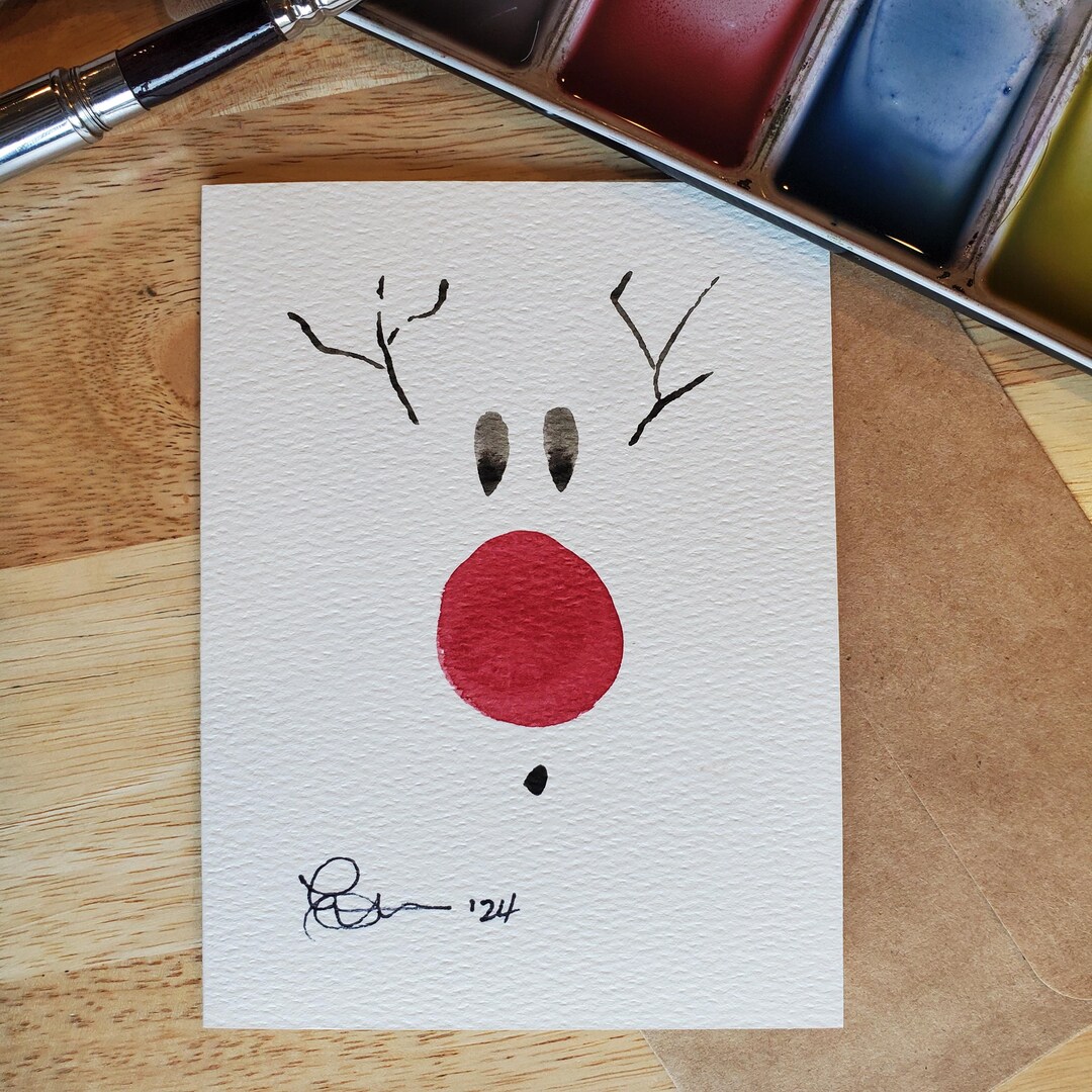 Rudolph Reindeer Greeting Card Original Ink & Watercolor Art Red Nose ...