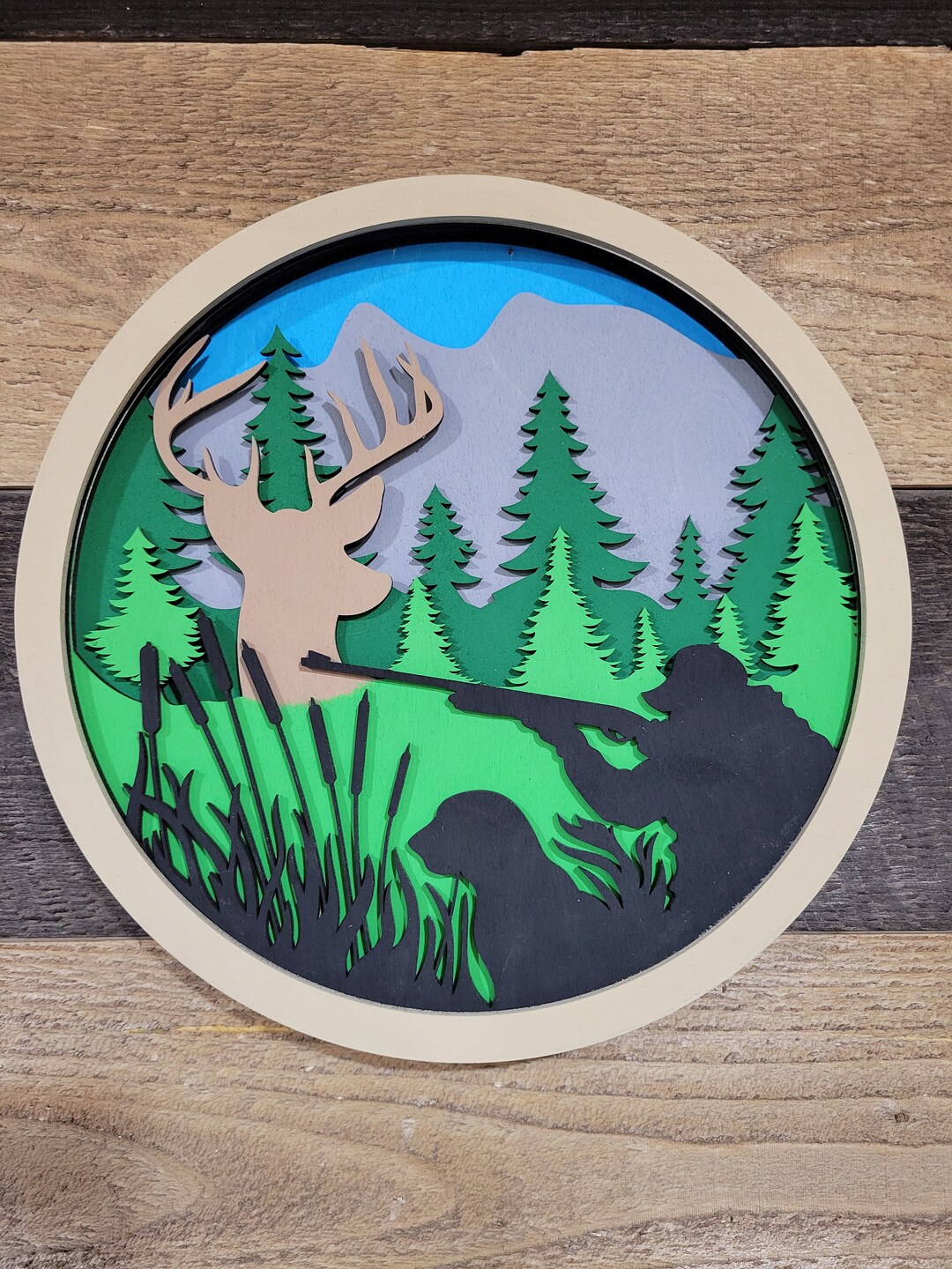 Round Deer Hunting Wall Decor Sign Hunter Trees Mountains Laser ...