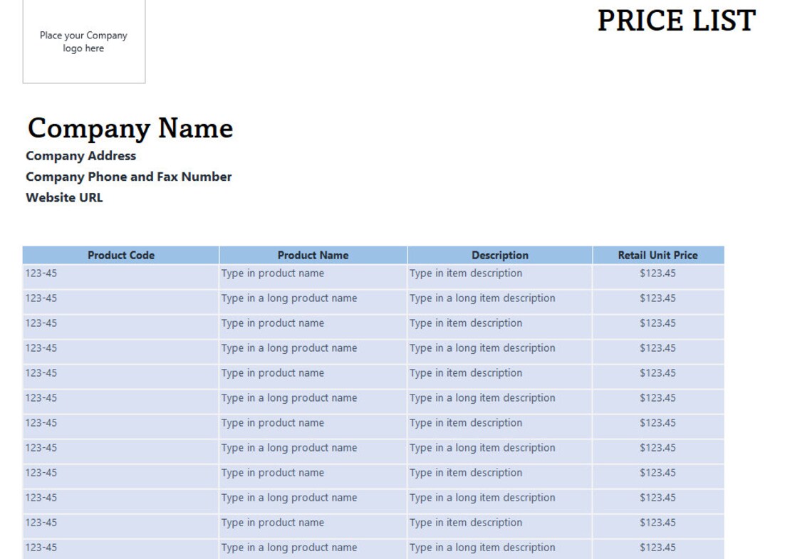 Price List Template. Excel Spreadsheet for Product & Service Pricing ...