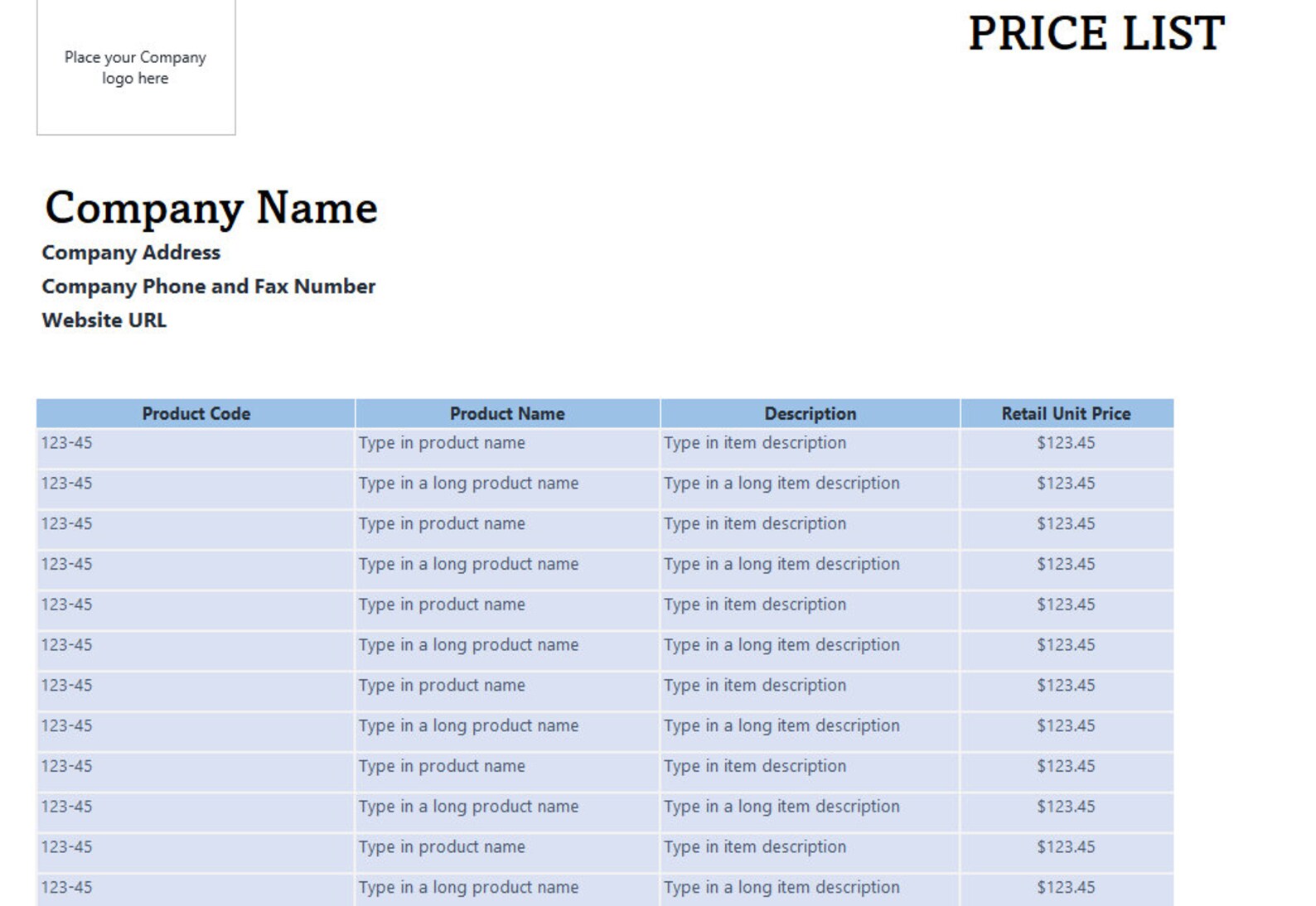 Price List Template. Excel Spreadsheet for Product & Service Pricing ...