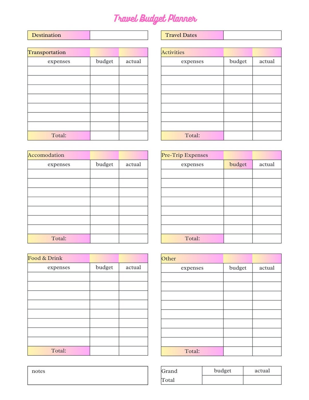 Vacation Budget Template, Printable Vacation Budget Template - Etsy