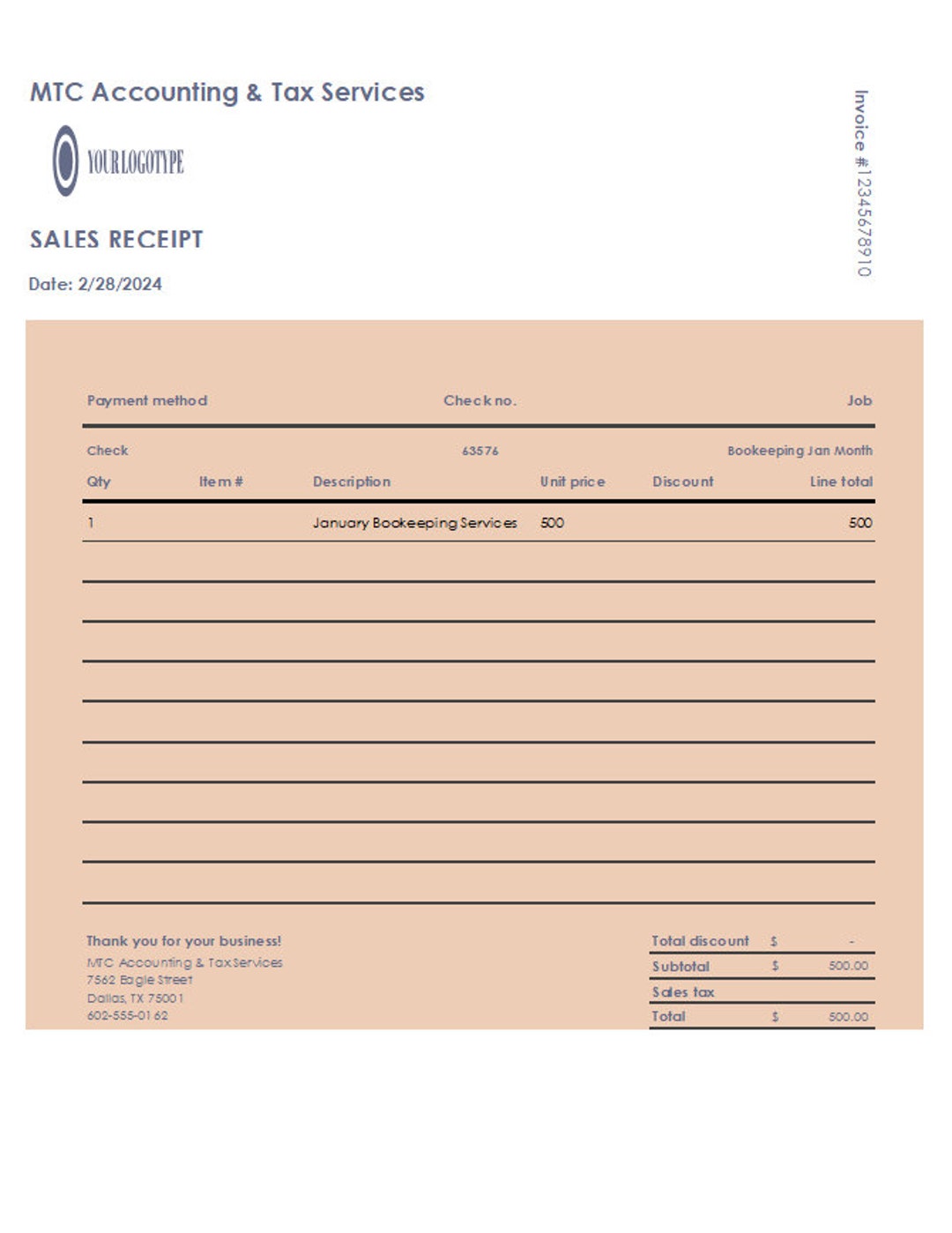 Business Receipt Template for Microsoft Excel - Etsy