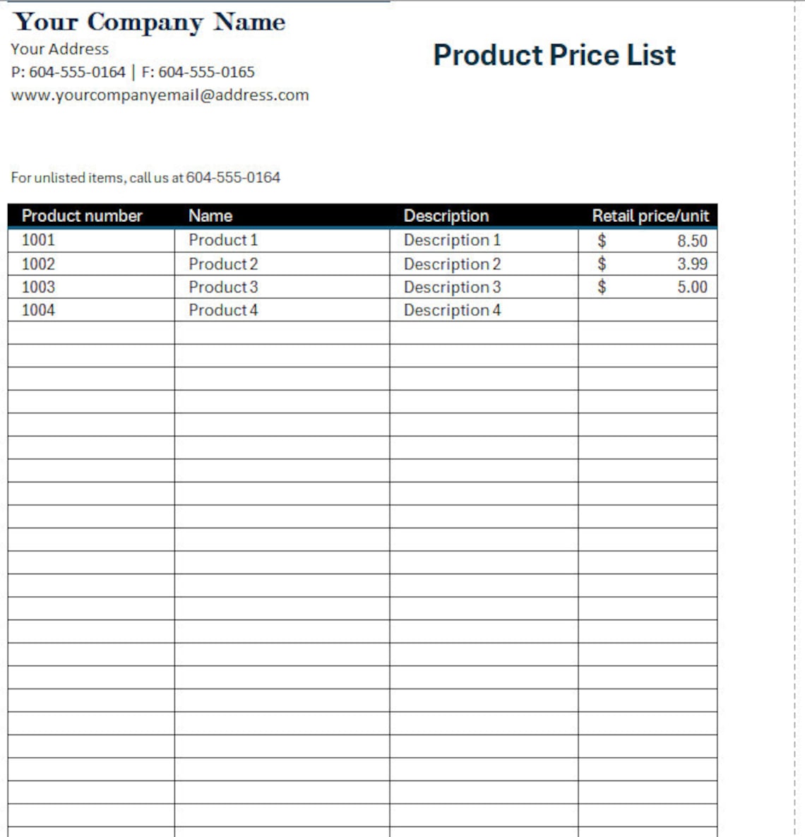 Price List Template, Excel. Excel Spreadsheet for Product & Service ...