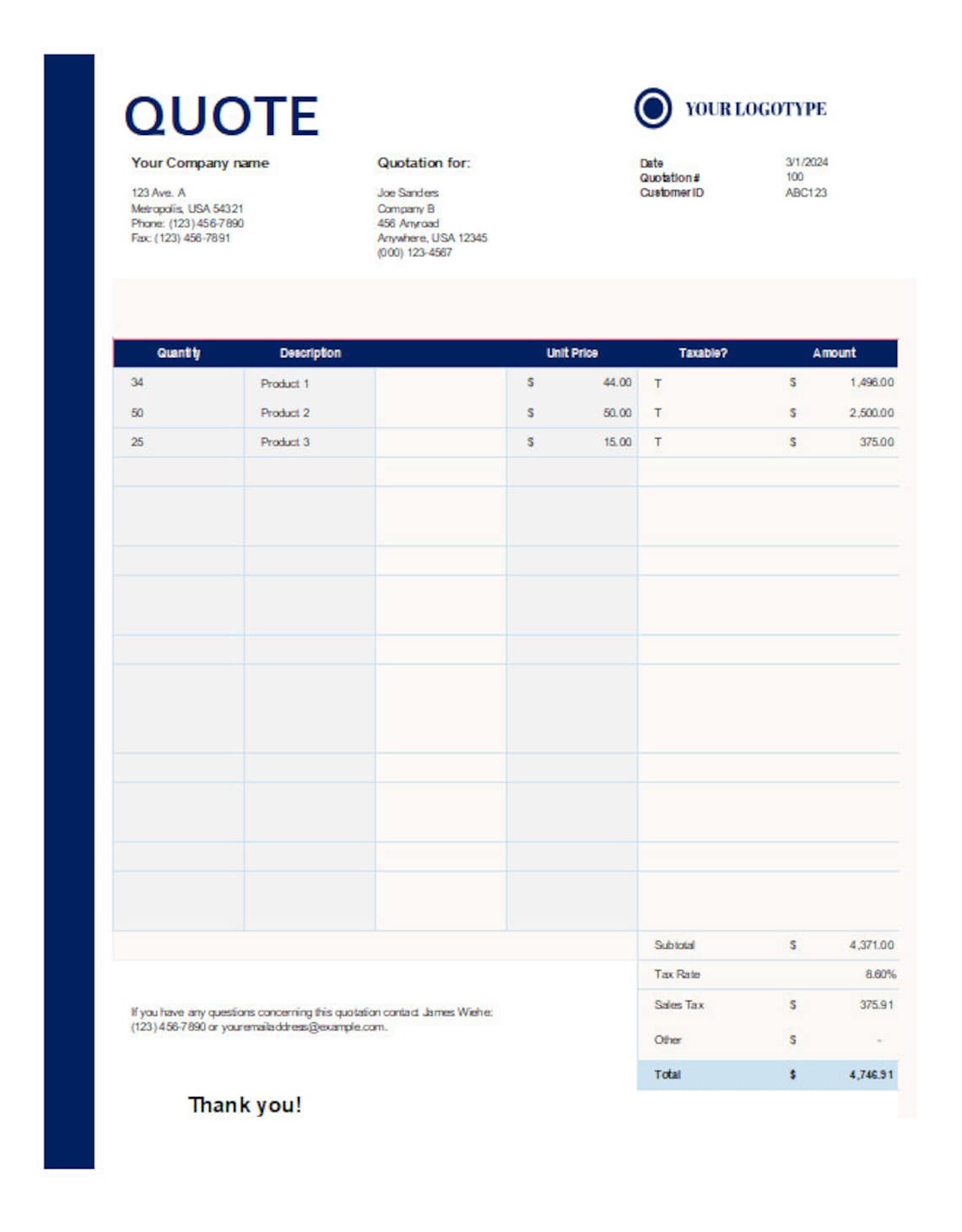 Quote Template, Business Proposal, Quote Form, Contractors Tools, Quote ...