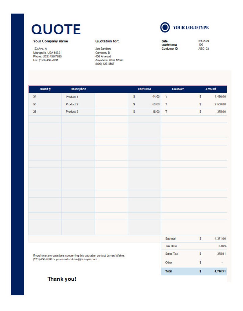 Quote Template, Business Proposal, Quote Form, Contractors Tools, Quote ...