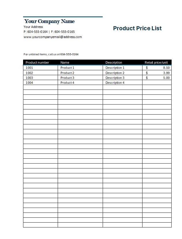 Price List Template, Excel. Excel Spreadsheet for Product & Service ...